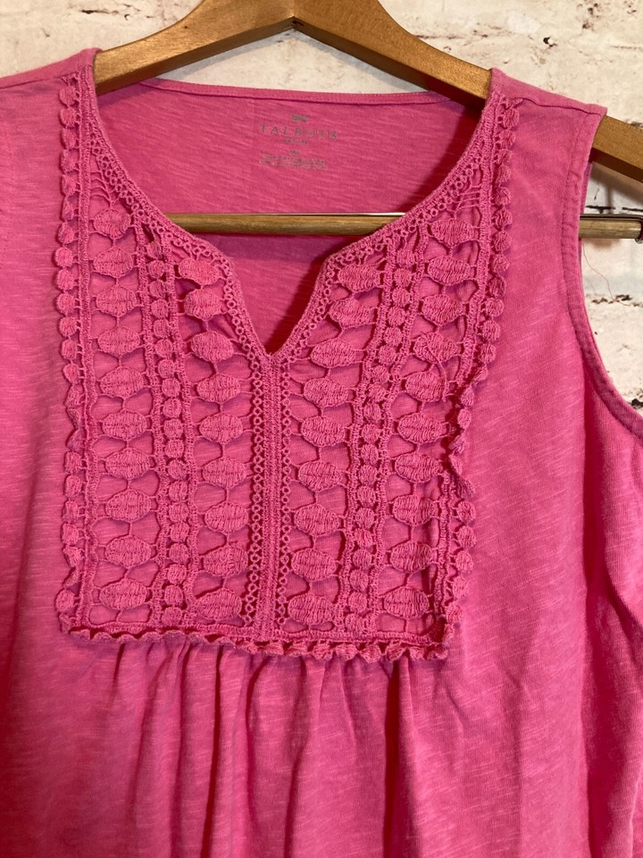 Talbots Peasant Top Womens Medium Petite Hot Pink Cotton Crochet Trim ...