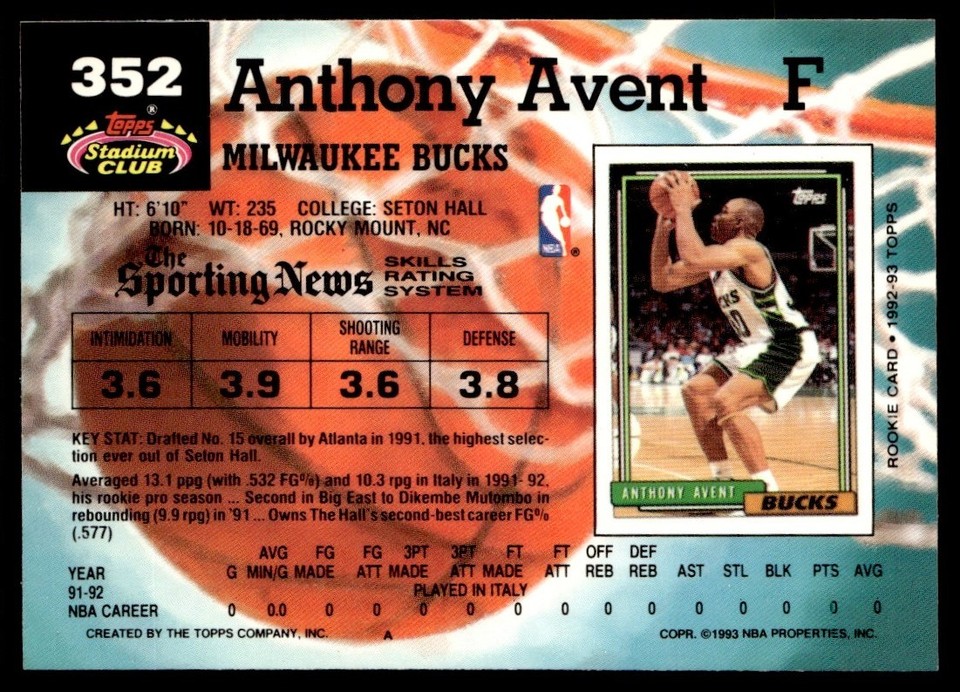 1992-93 Stadium Club Anthony Avent Rookie Milwaukee Bucks #352 | eBay