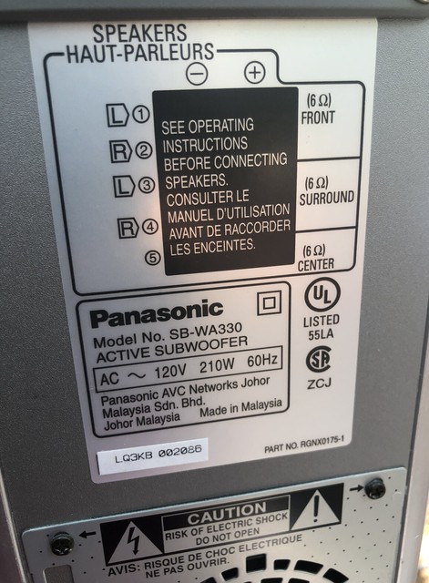 Panasonic Sb-wa330 Active Current Feedback Home Theater Subwoofer Unit ...