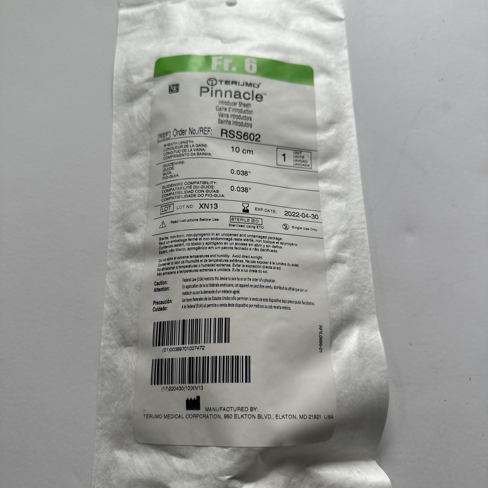 RSS602 FR. 6 SHEATH INTRODUCER 9FR 10CM 2.5CM DILATOR .038IN GUIDEWIRE ...