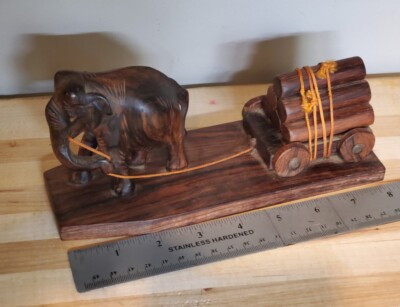 Vintage Hand Carved Wood Elephant Pulling Cart Made in India | eBay