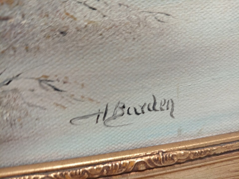 Vintage Oil Painting Winter Cottage H. Barden Signed Framed 18.2x14.2 ...