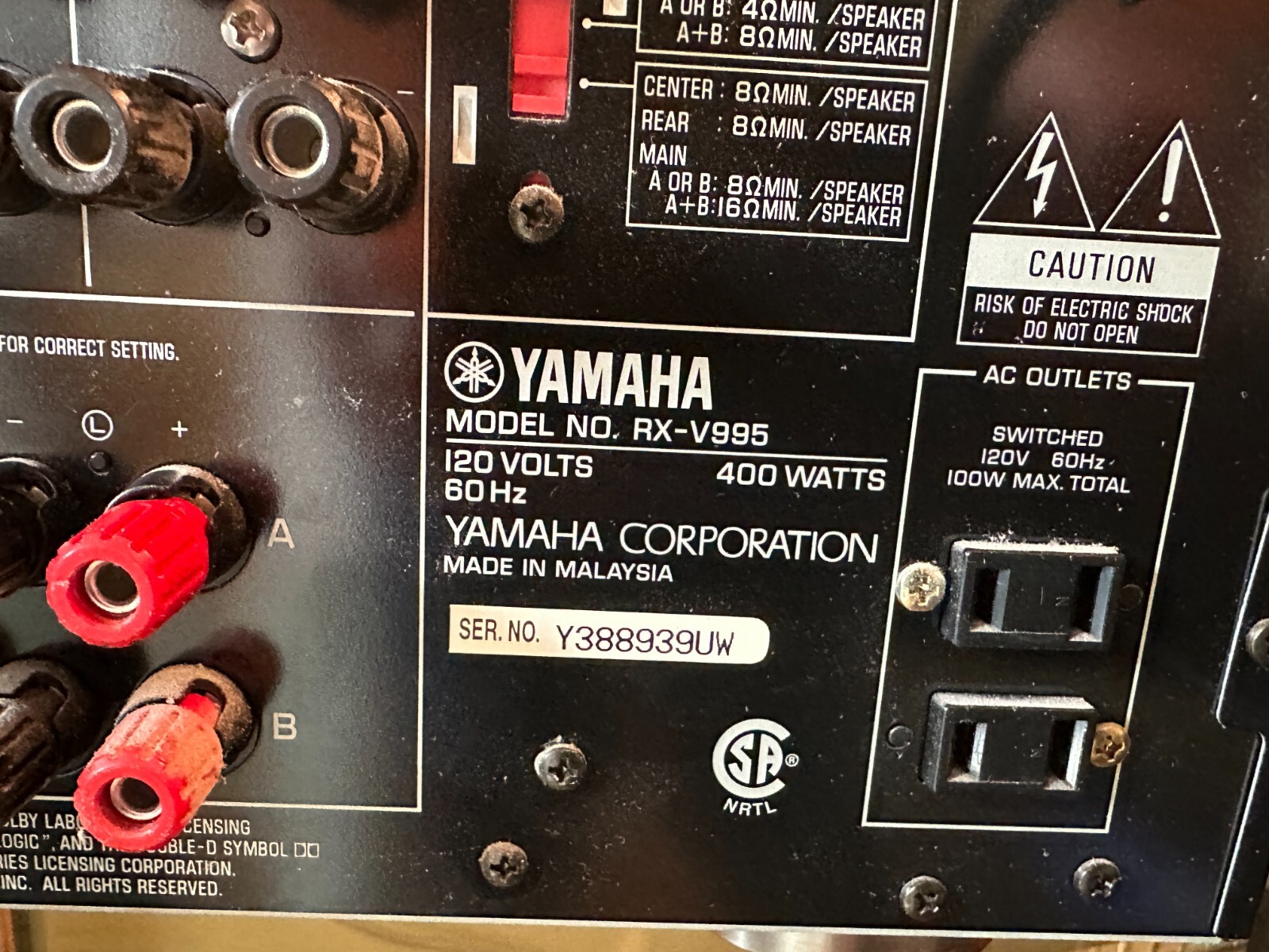 Yamaha RX-V995 AV Receiver, 100 Watts/Channel, Dolby Pro Logic, Dolby 5 ...