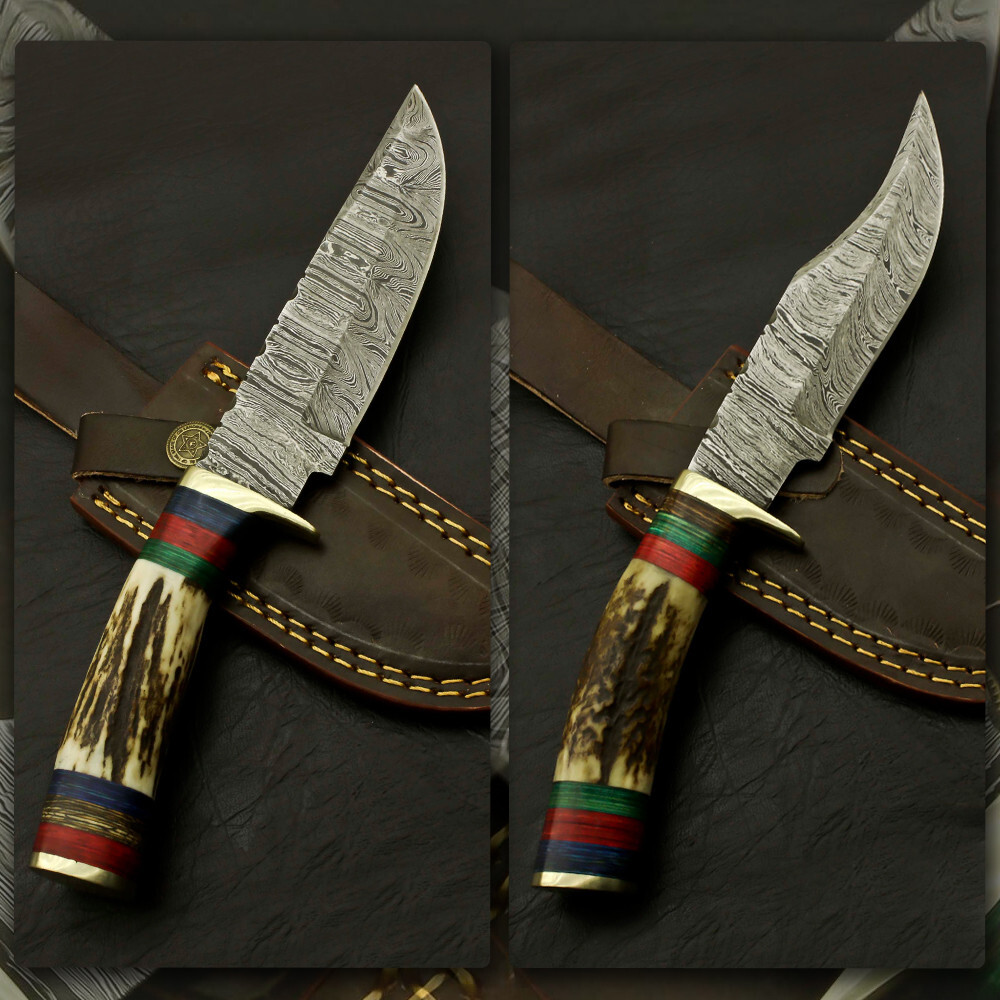 LOT OF 2 CUSTOM MADE HAND FORGED DAMASCUS HUNTING/SKINNING KNIFE/STAG ...