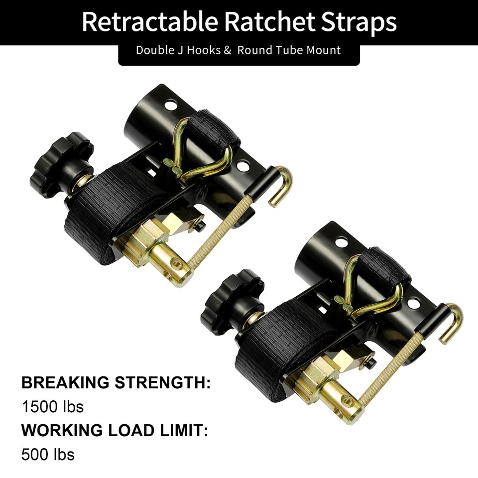 2x Ladder Rack Ratchet Straps w/ J-Hook 1.5"x7.5' Black Retractable ...
