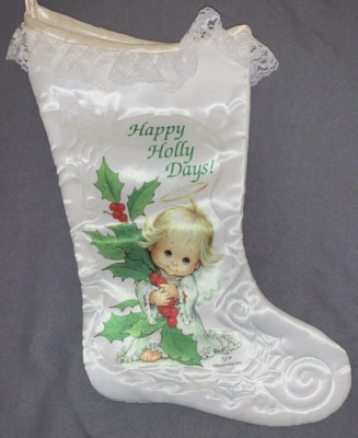 Vintage MOREHEAD White Satin Christmas Stocking Angel Girl Happy Holly ...