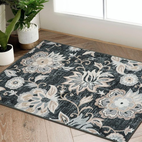 Floral Throw Entryway Rugs Indoor 2x3 Black Ultra Thin Washable Kitchen ...