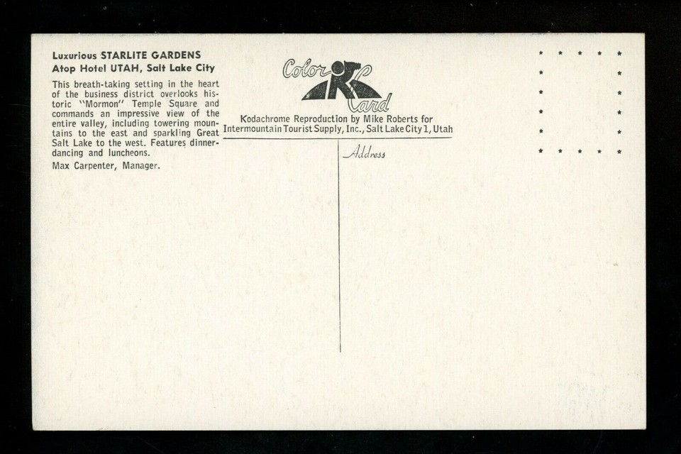 Restaurant postcard Utah UT Salt Lake City Starlite Gardens interior ...
