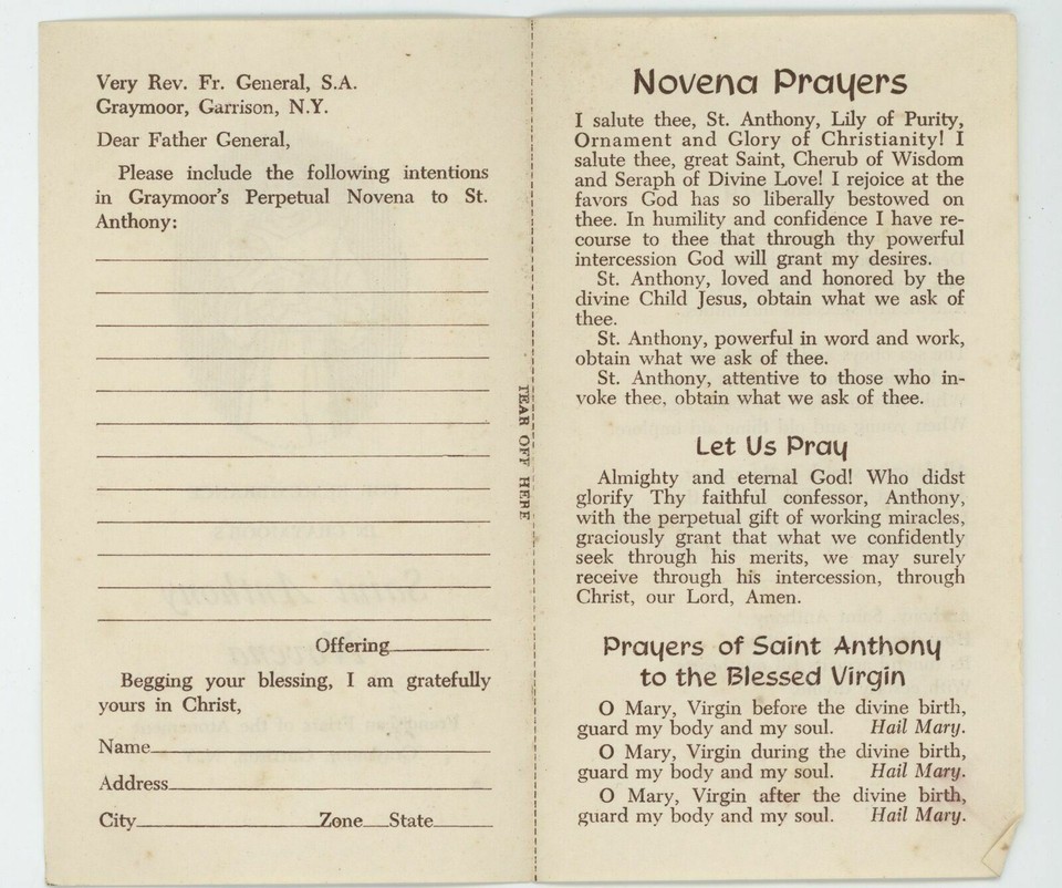 1950-60s Religious Paper Pamphlet Saint Anthony Novena Garrison New ...