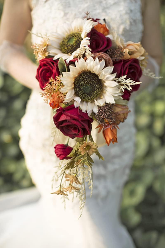 9 Inch Vintage Sunflower Wedding Bouquets for Bride Artificial Burgundy ...