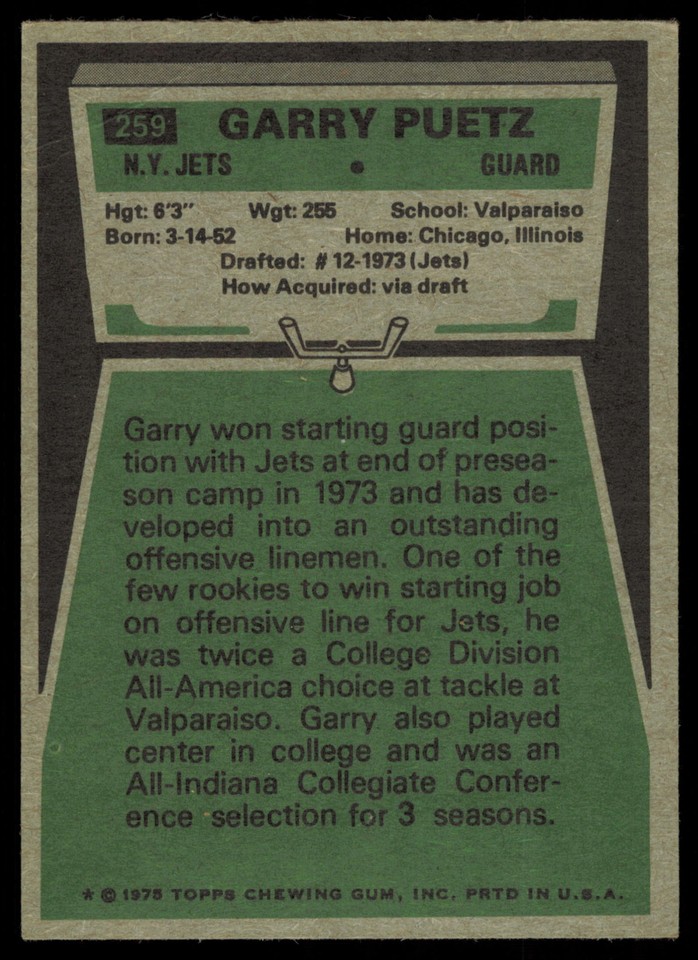 1975 Topps #259 Garry Puetz RC New York Jets | eBay