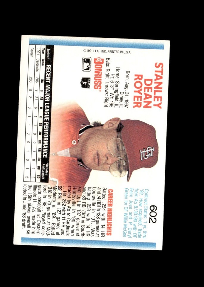 Stan Royer 1992 Donruss Cardinals authentic autographed card | eBay