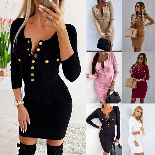 Women Sexy Button Bodycon Knit Sweater Dress Slim Long Sleeve Mini ...