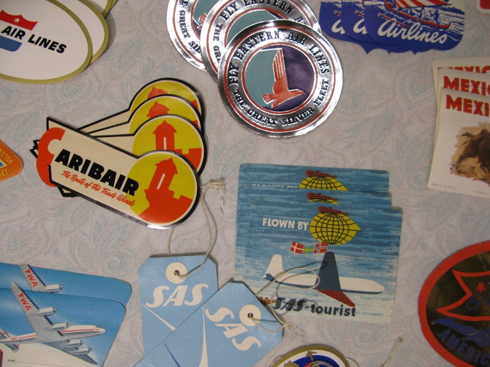 LOT VINTAGE AIRLINE LUGGAGE DECALS, 25 Diff. Airlines, NEW Original ...