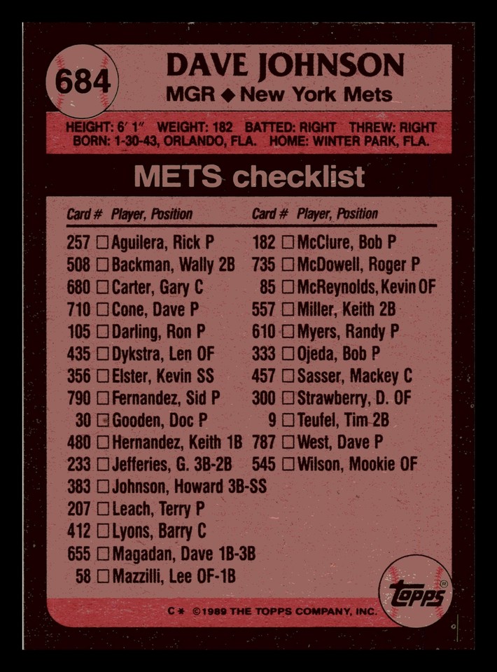 Dave Johnson 1989 Topps #684 New York Mets Mint | eBay