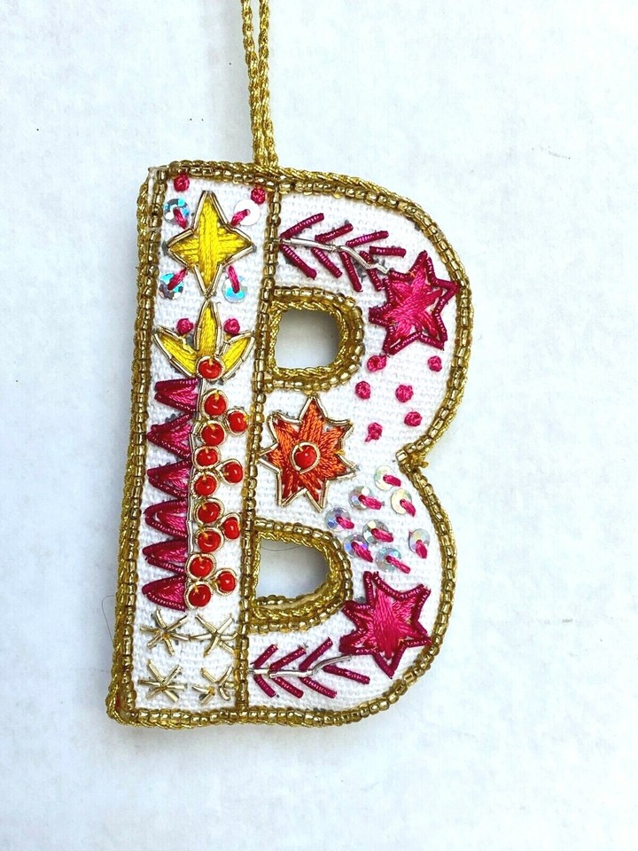 Creative Co-Op Initial Letter Fabric Ornament Embroidery Sequins Beads ...