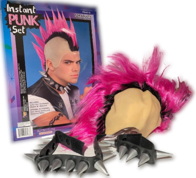 INSTANT PUNK SET Pink Hair Bald Head Mohawk Clown Wig Rubber Spiked ...