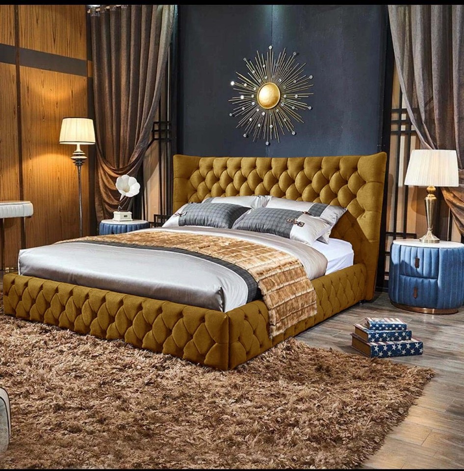 Plush Velvet Winged Bed, Bed Frame, Wing Back Bed Double Bed King Super ...