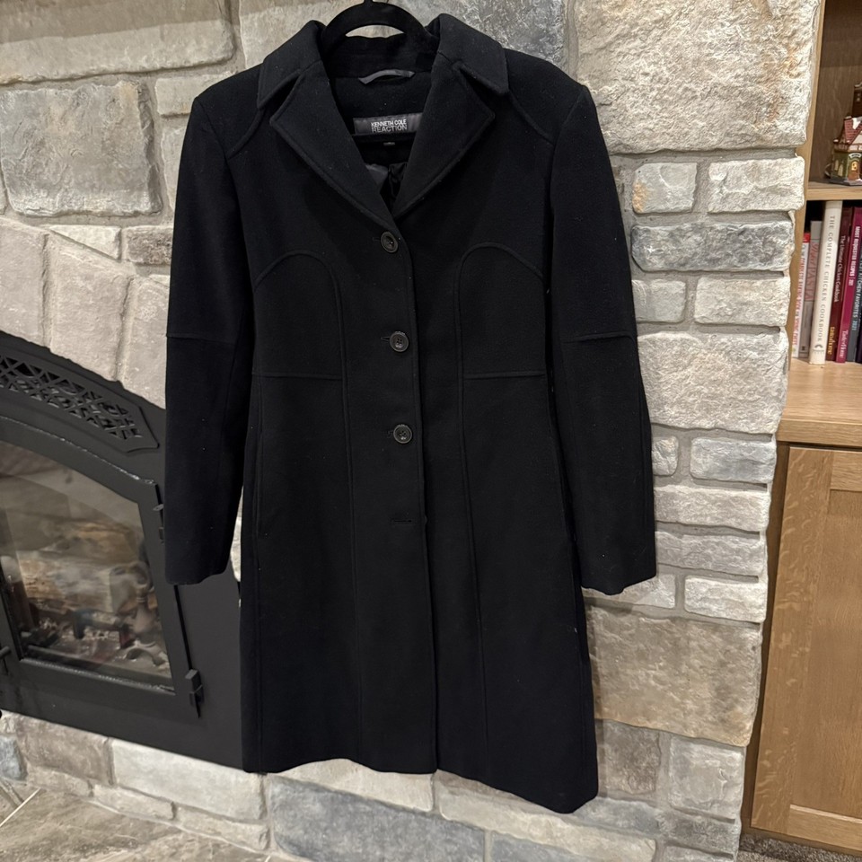 Kenneth Cole Reaction Women’s Wool Black Button Up Coat Overcoat Size 2 ...