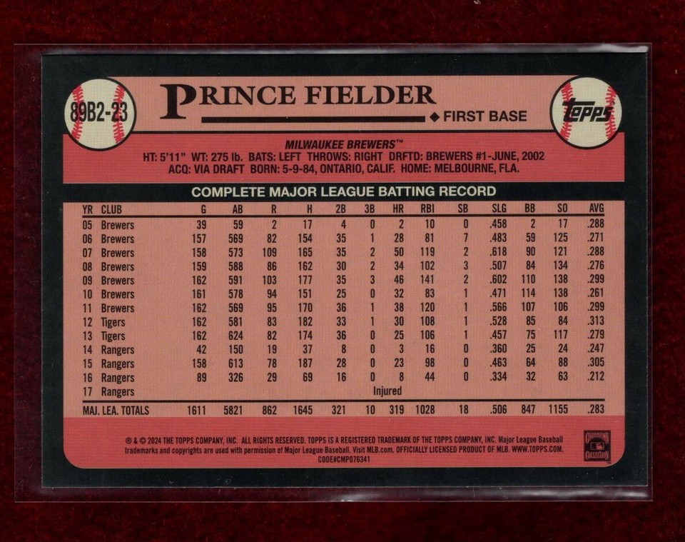 PRINCE FIELDER 2024 TOPPS '89 TOPPS BLUE PARALLEL MILWAUKEE BREWERS | eBay