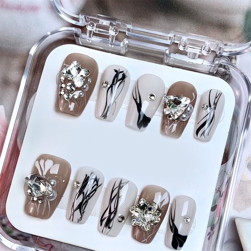 10PCS Handmade Nail Soild Diamond Shiny Coffin Short Press on Nails for ...