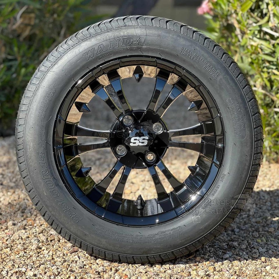 14″ Vampire Gloss Black Golf Cart Wheels & 225/50R14 Radial DOT Street ...
