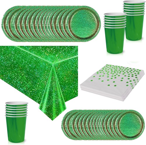 65Pcs Metallic Foil Green Party Tableware Set,Plastic Green Table ...