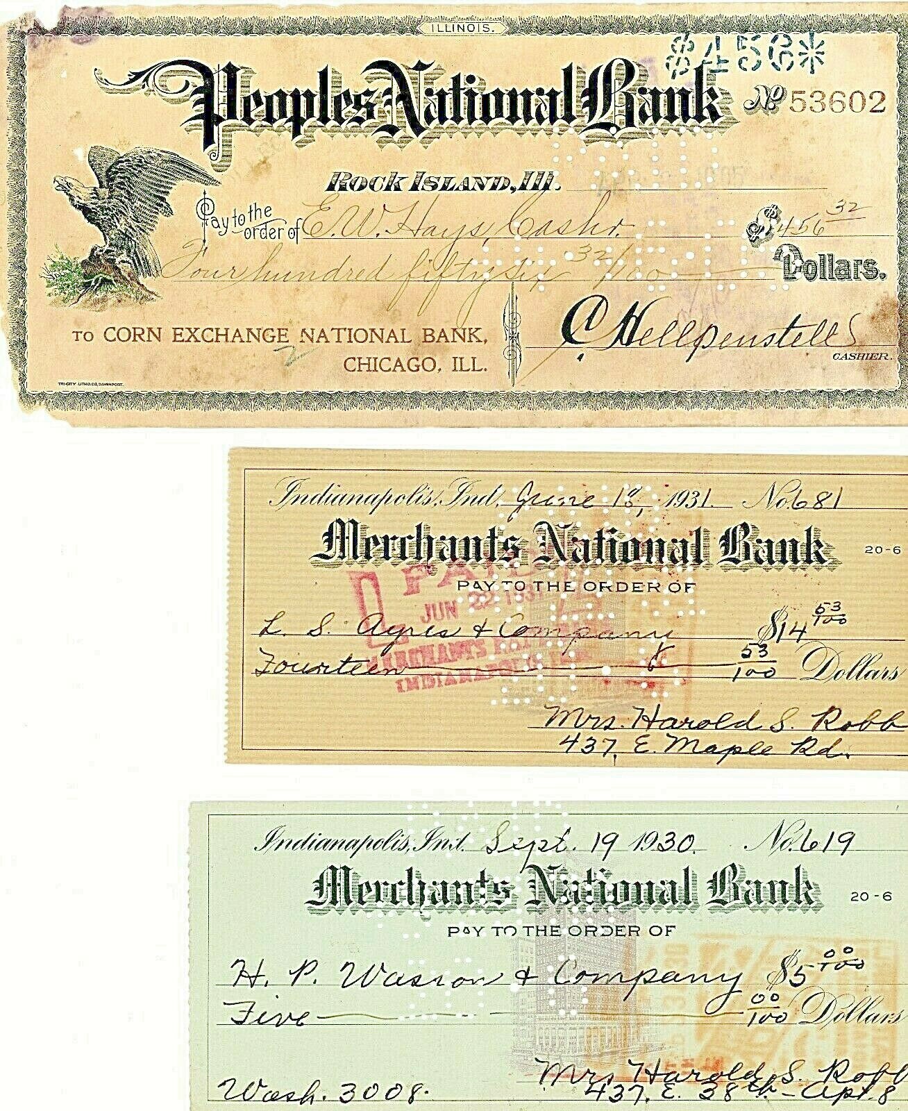 (3) Vintage Bank Checks - (2) IN 1930,1931 & IL 1905. X8 | eBay