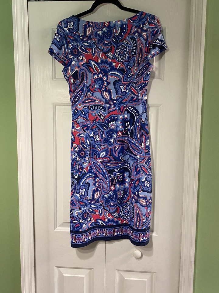 Talbots Size S Faux Wrap Jersey Stretch Knit Dress Paisley Short Sleeve ...