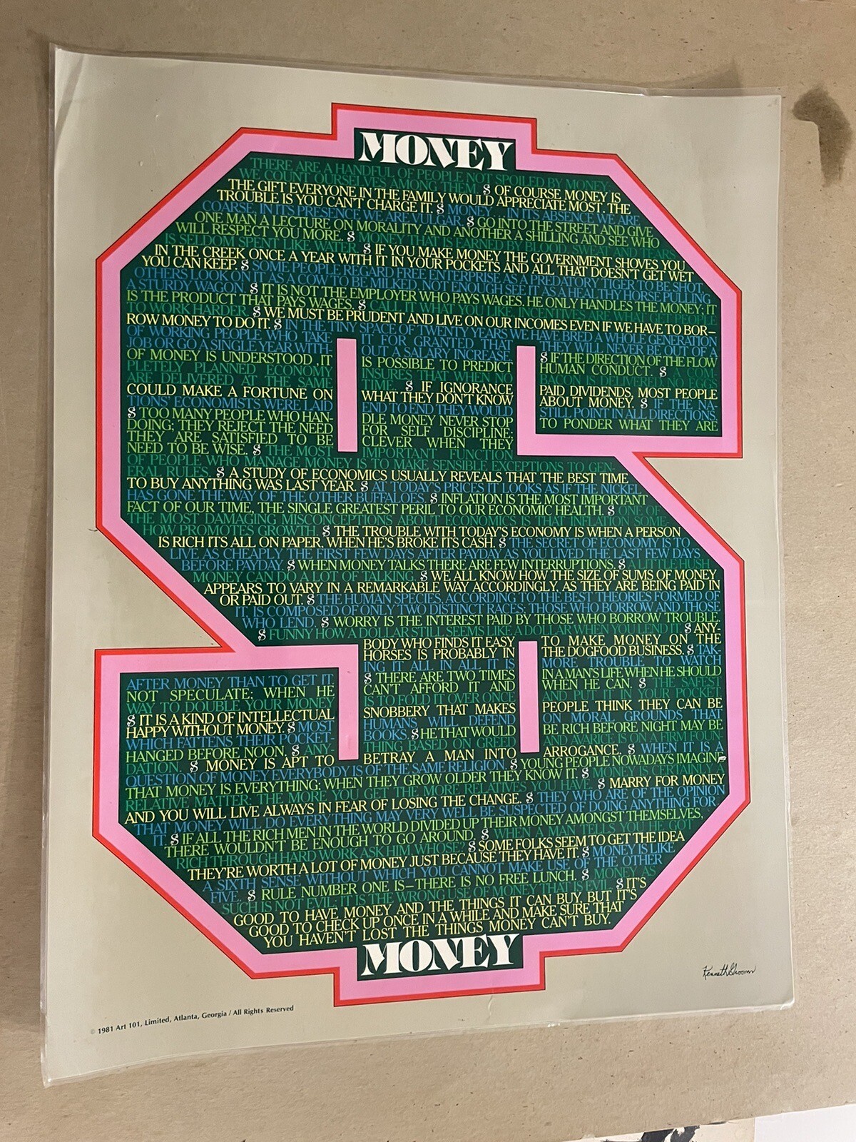KENNETH GROOMS 1981 "MONEY" EXTREMELY RARE LAMINATED LITHOGRAPH SIGNED ...