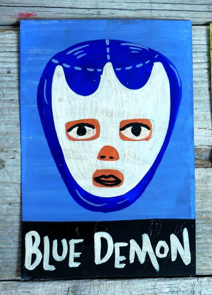 2 Tin Paintings Loteria Lucha Libre & Devil Hand Painted Mexican Folk ...