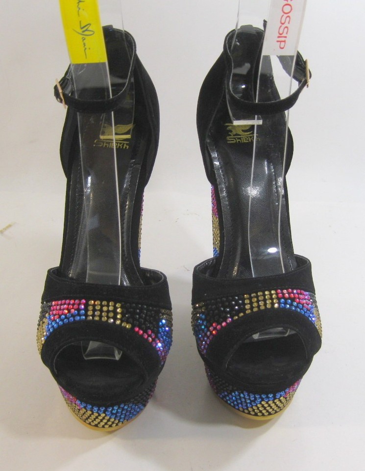 Black Colorful Rhinestones 6"Wedge Heel 2"Platform Shoes US WOMEN Size ...