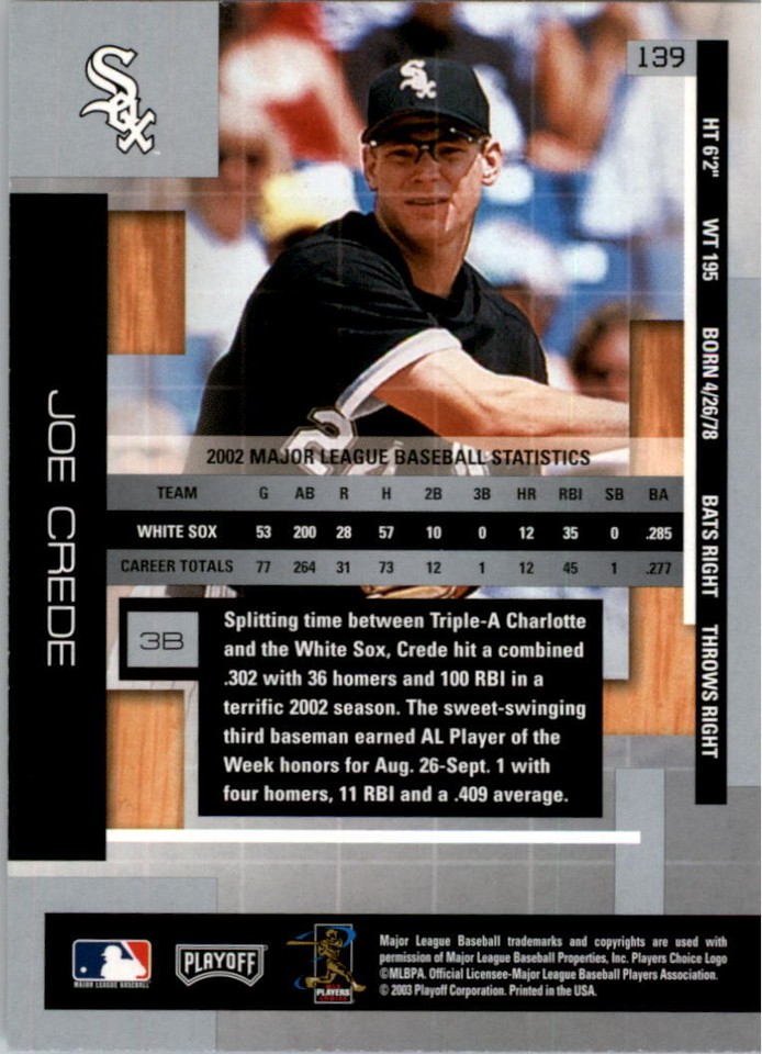 2003 Absolute Memorabilia Baseball Card #139 Joe Crede | eBay