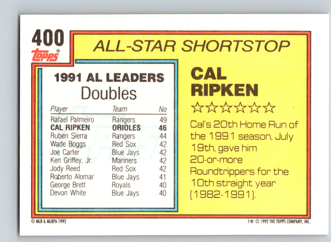1992 Topps Cal Ripken Jr. All Star Baltimore Orioles #400 | eBay