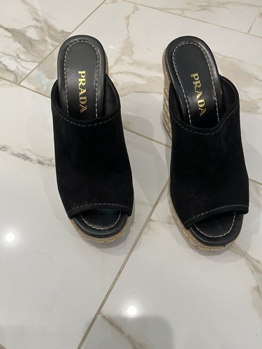 Prada Black Suede Raffia Platform Wedges Size 38 | eBay