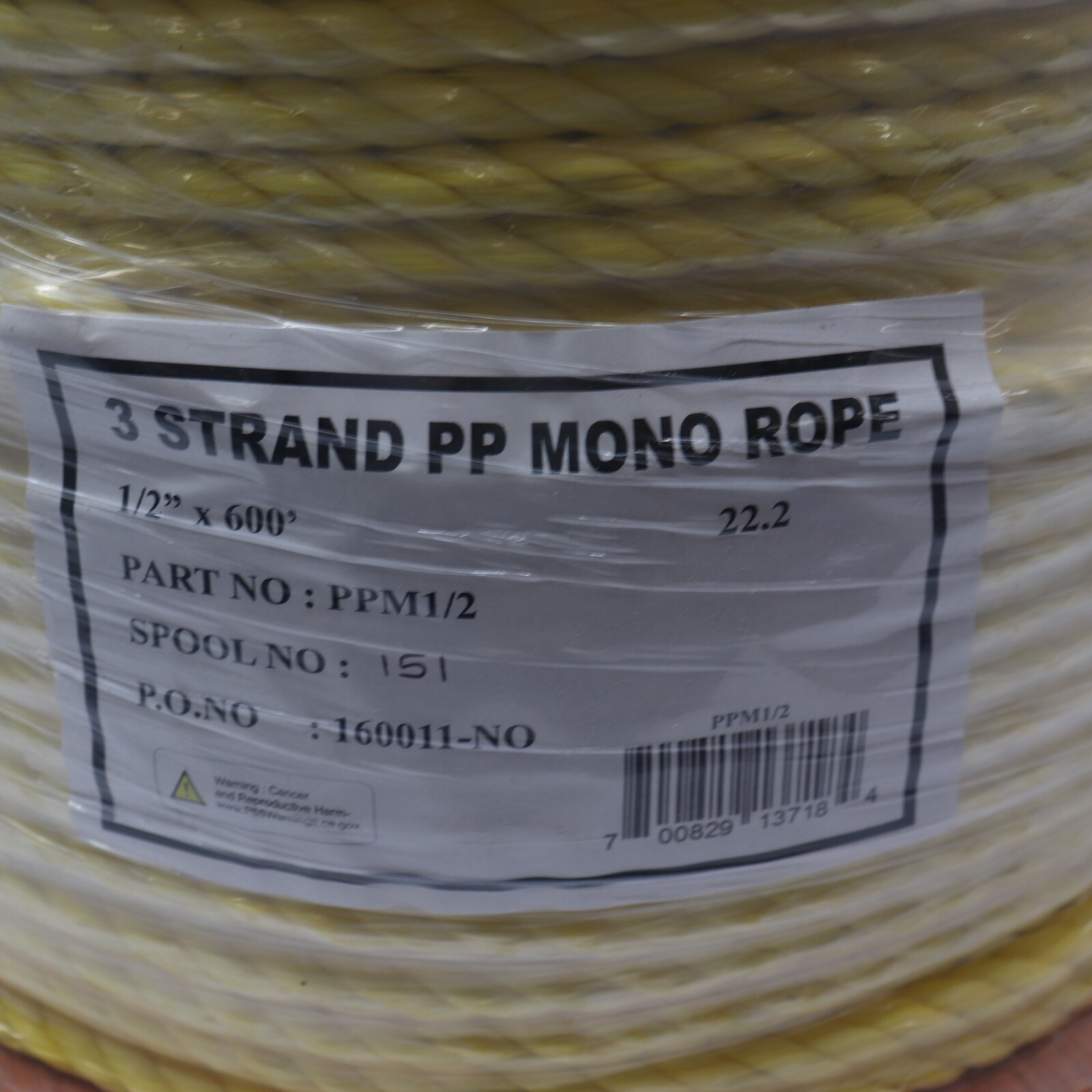 3-Strand Polypropylene Rope Monofilament WLL 315-756 lbs 1/2" x 600 ...