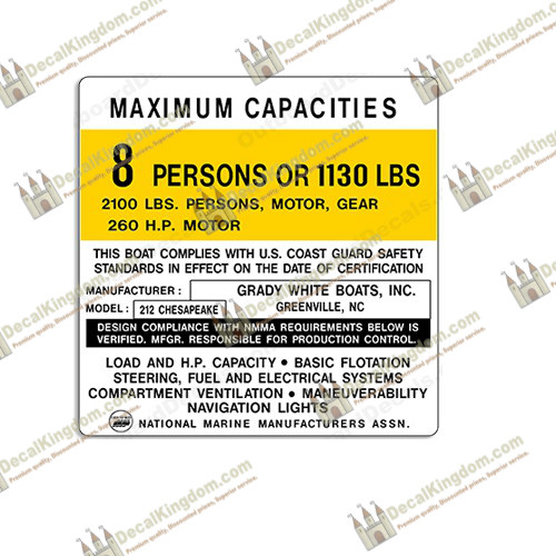 Grady White Capacity Plate Decals Boat Maximum Occupancy Multiple ...