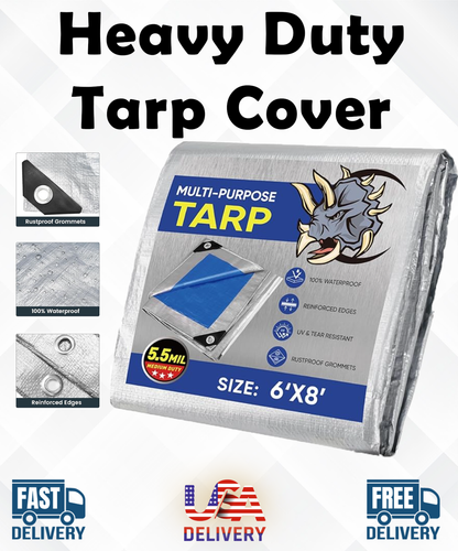 Heavy Duty Silver/Black Poly Tarp Water Proof Cover Tent RV Boat ...