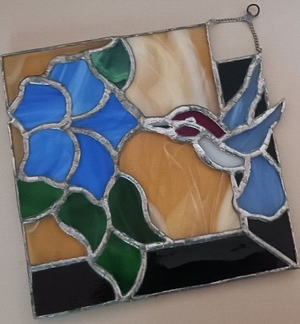 7 X 7 " HANGING STAINED GLASS SUN CATCHER W/HUMMINGBIRD & MORNING GLORY ...