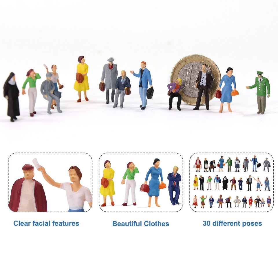 30pcs Different Poses HO Scale 1:87 Well Painted Standing Seated People ...