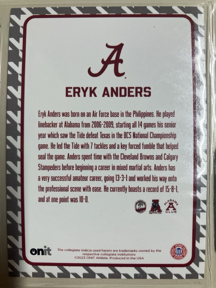 Alabama Football Bryant Museum Honorary Game Captain Eryk Anders card ...