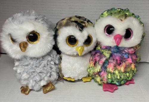 NWT Lot of 3 TY Beanie Boos OWLS Owliver Brown, Owen Rainbow, Owlette ...