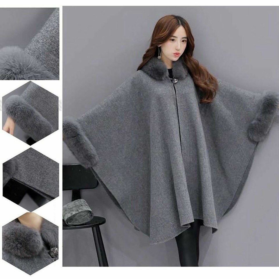 Women's Flare Sleeve Faux Fox Fur Collar Winter Cloak Cape Coat Poncho ...