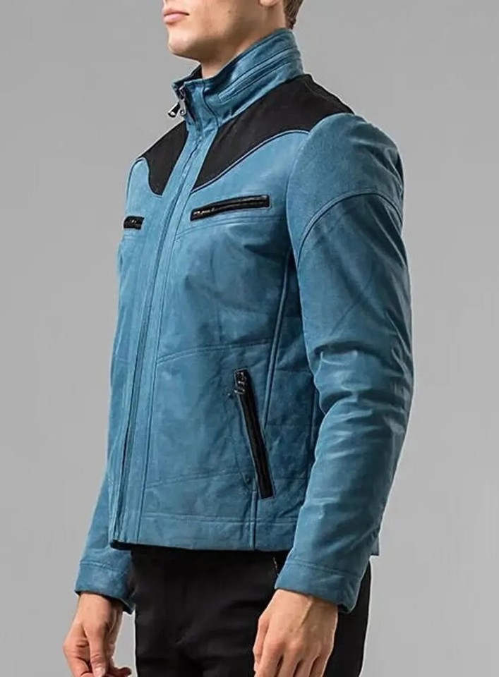 New Mens Blue & Black Motorcycle Leather Jacket. Genuine Lambskin ...