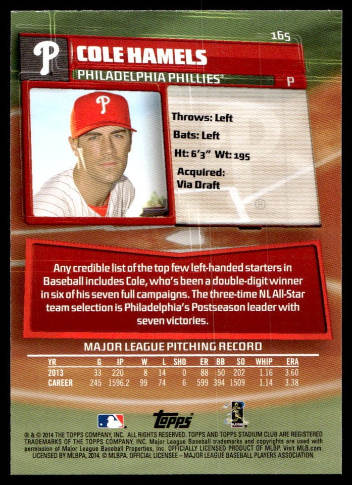 2014 Stadium Club 165 Cole Hamels Philadelphia Phillies Baseball Card ...