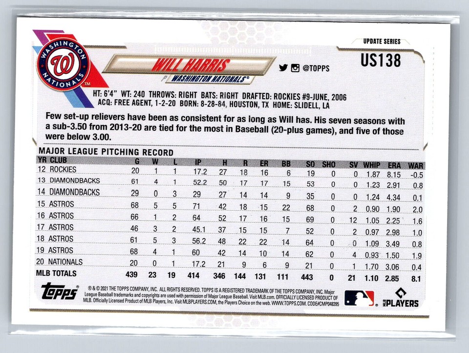 2021 Topps Update Will Harris Gold Foil #US138 Washington Nationals | eBay