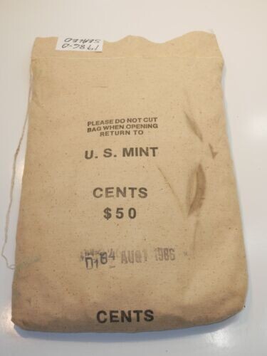 5000 Cents 1986 D Memorial Pennies, Sealed unopened Canvas Bag with ...