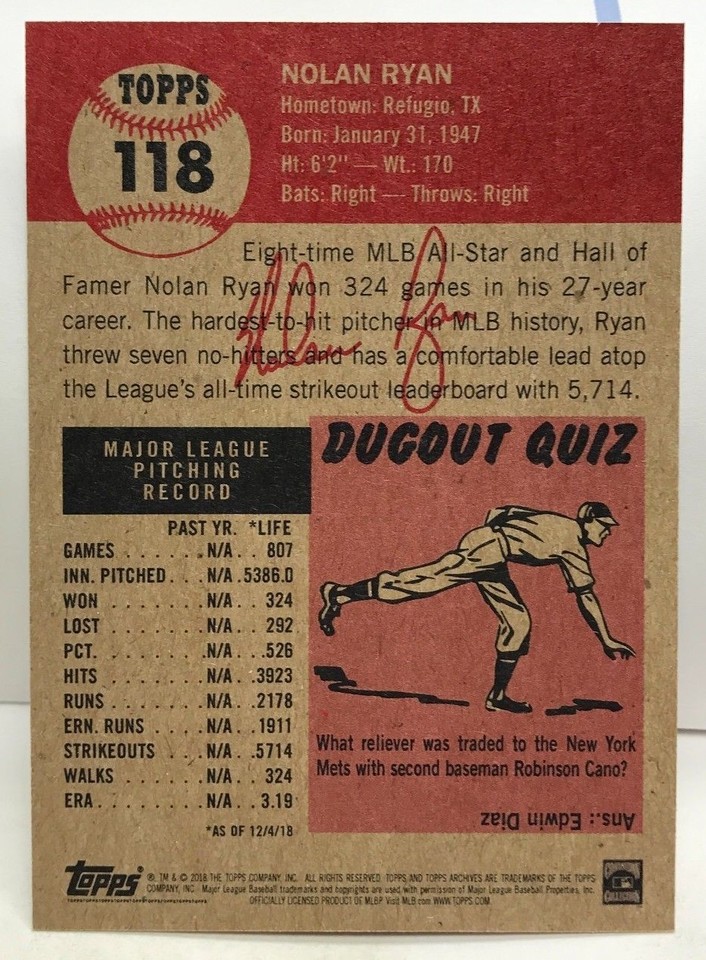 Nolan Ryan 2018 Topps Baseball Living Set #118 - TEXAS RANGERS - SP ...