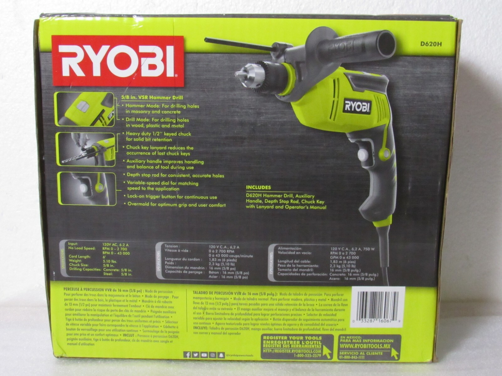 Ryobi D620H 5/8" 6.2 Amp Heavy Duty Variable Speed Corded Hammer Drill ...
