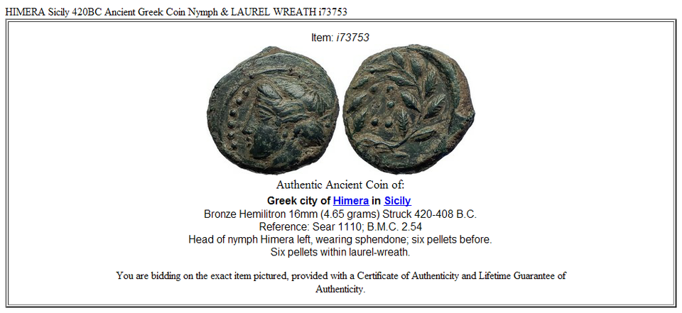 HIMERA Ancient SICILY 420BC Authentic Genuine Greek Coin w NYMPH WREATH ...